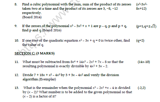 CBSE Class 10 Mathematics Polynomials Worksheet Set D